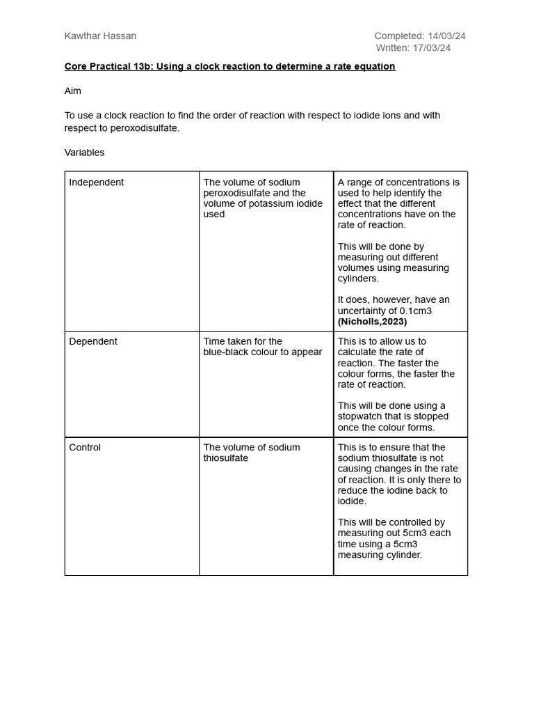 Core Practical 13b: Using A Clock Reaction To Determine A Rate Equation ...