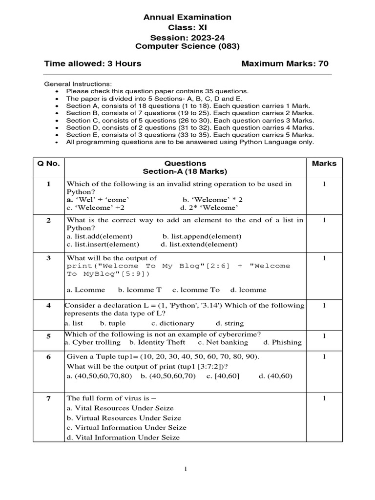 Class Xi Sample Exam Paper Cs Pdf Python Programming Language String Computer Science 7870