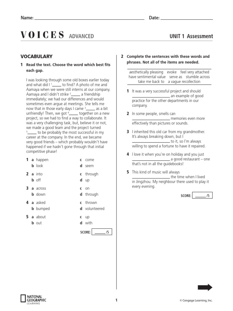 Voices Advanced U01 Test | PDF | Nonverbal Communication | Communication