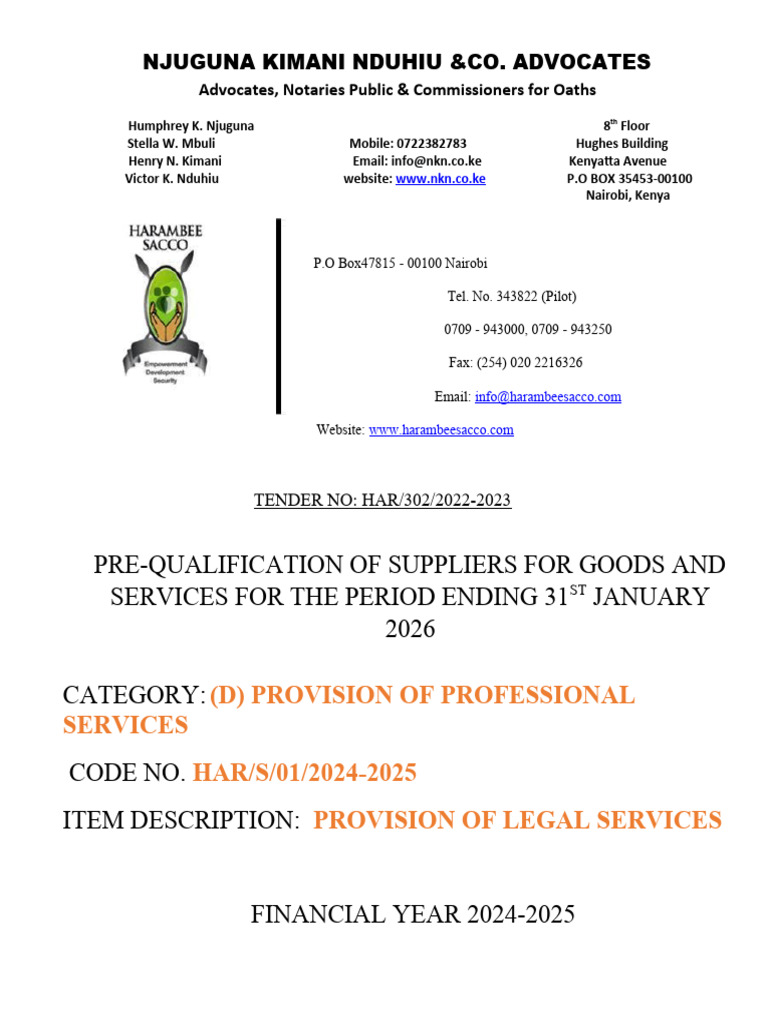 Harambee SACCO Tender PreQualification Document 2024 25 | PDF