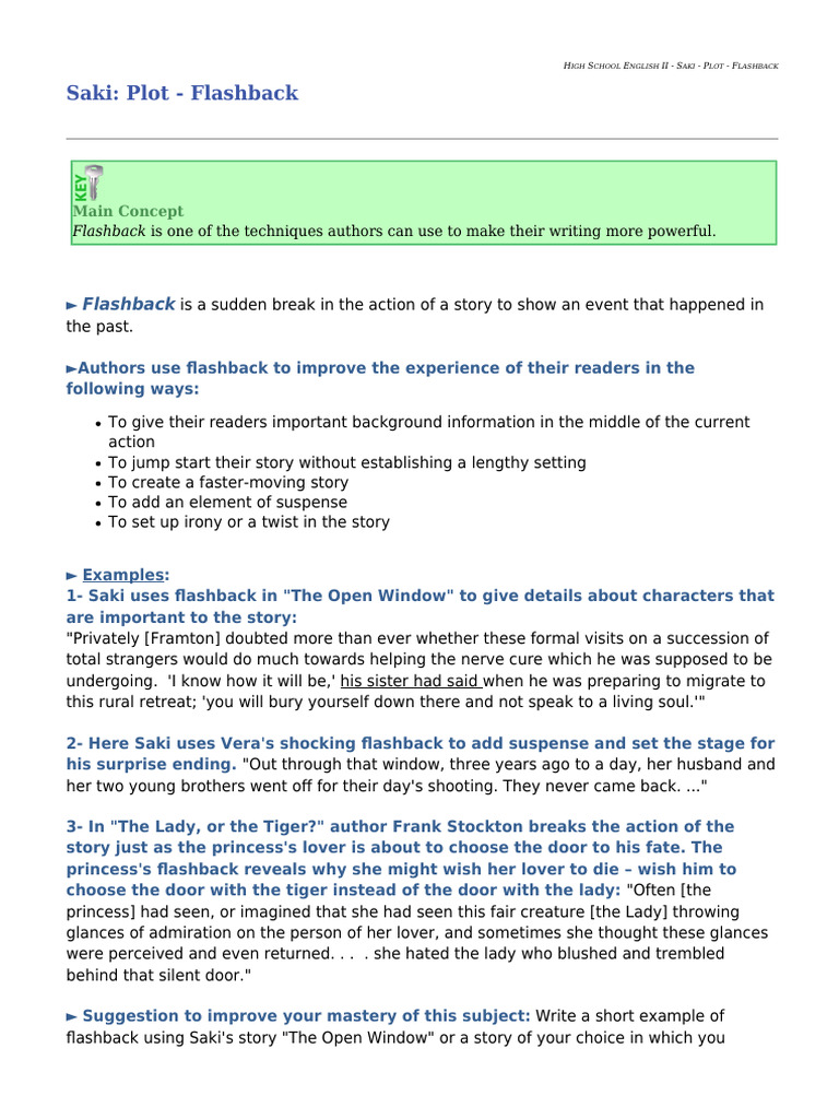 High School English II - Saki - Plot - Flashback | PDF | Young Adult