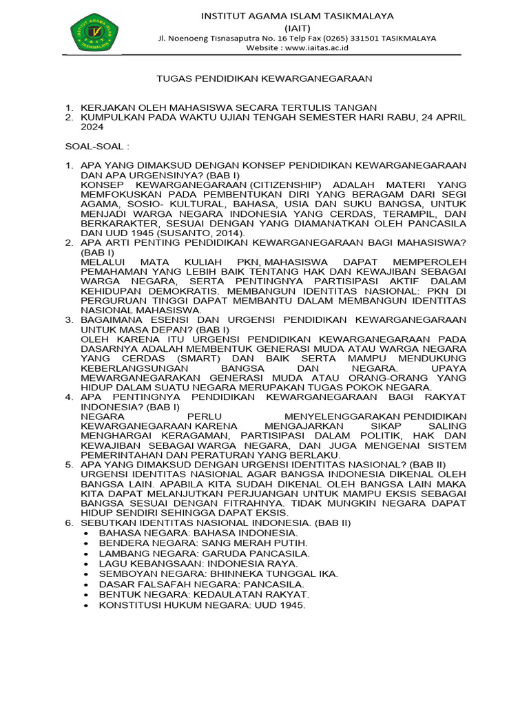 Jawaban Tugas Pendidikan Kewarganegaraan | PDF | Politik