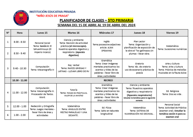 Horario de Clases 5to Primaria | PDF | Science