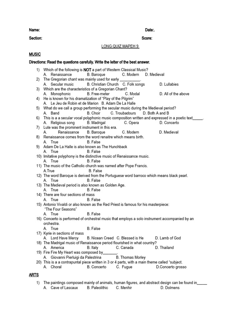 MAPEH 9 Long Quiz: Music, Arts, PE, Health | PDF | Art | Science ...