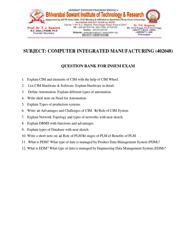 CIM Insem Question Bank AY 23-24 | PDF | Business | Technology & Engineering
