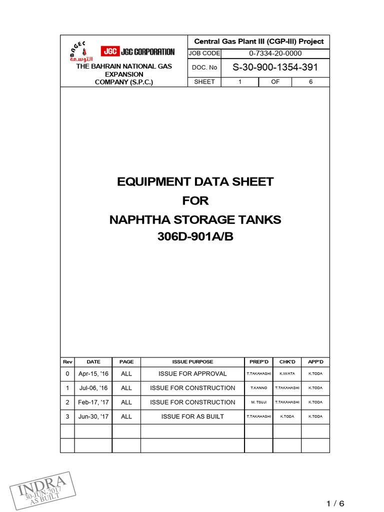 Indra: Equipment Data Sheet FOR Naphtha Storage Tanks 306D-901A/B | PDF | Pressure