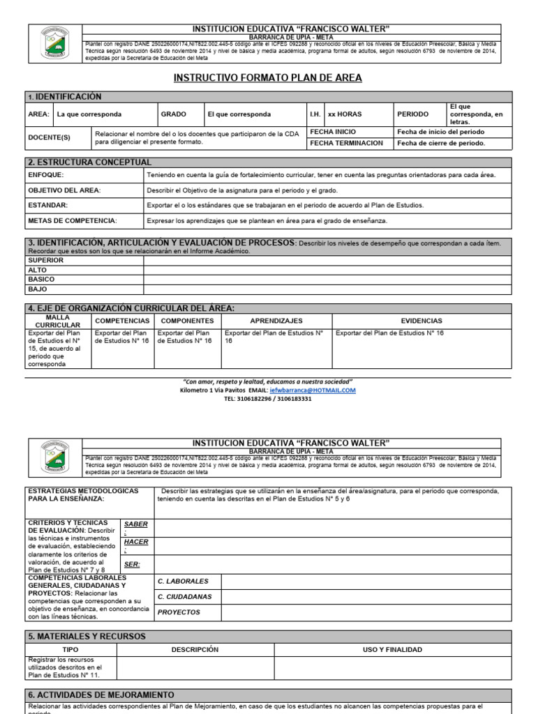 Instructivo Formato Plan De Area Pdf Plan De Estudios Evaluación