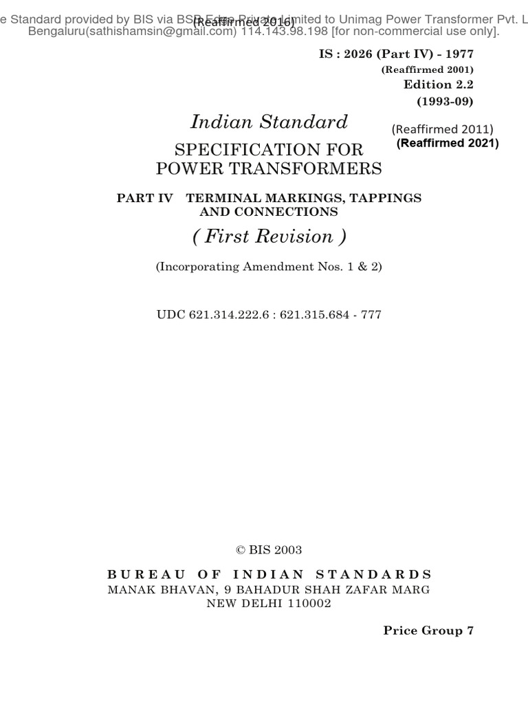 Is 2026 Part 4 1977 Reaffirmed 2021 | PDF | Transformer | Electrical ...