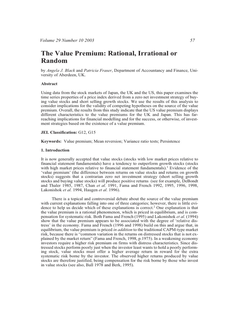 The Value Premium: Rational, Irrational or Random: Volume 29 Number 10 2003 57 | PDF | Standard ...