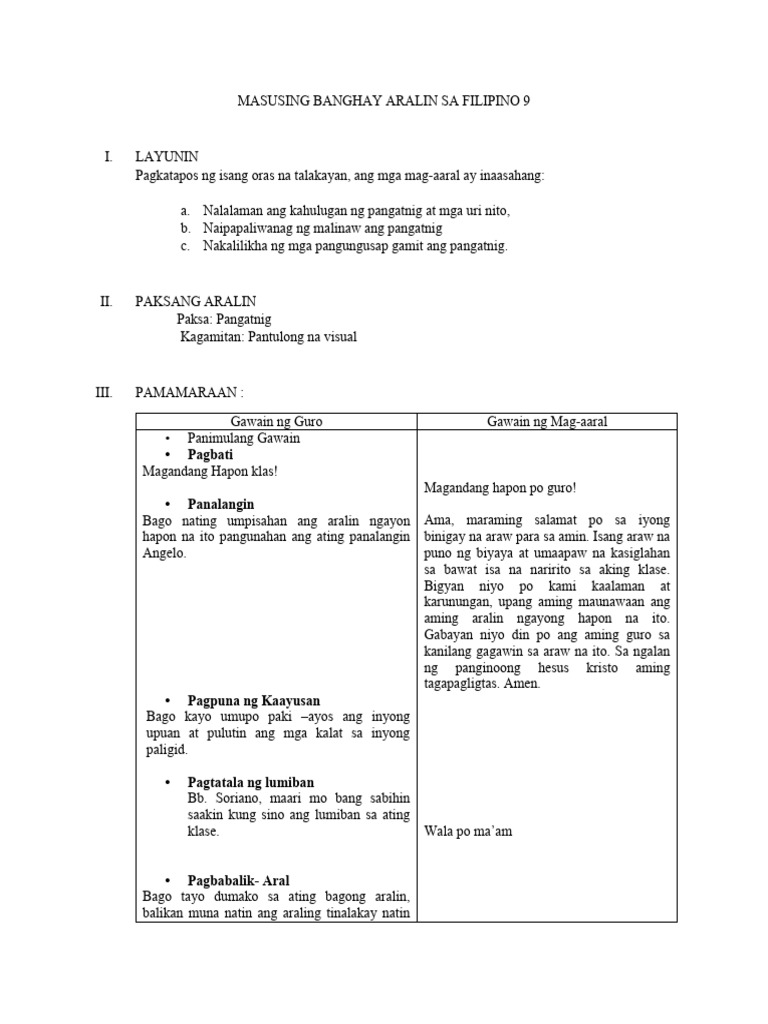 Masusing Banghay Aralin Sa Filipino 9 Pangatnig | PDF