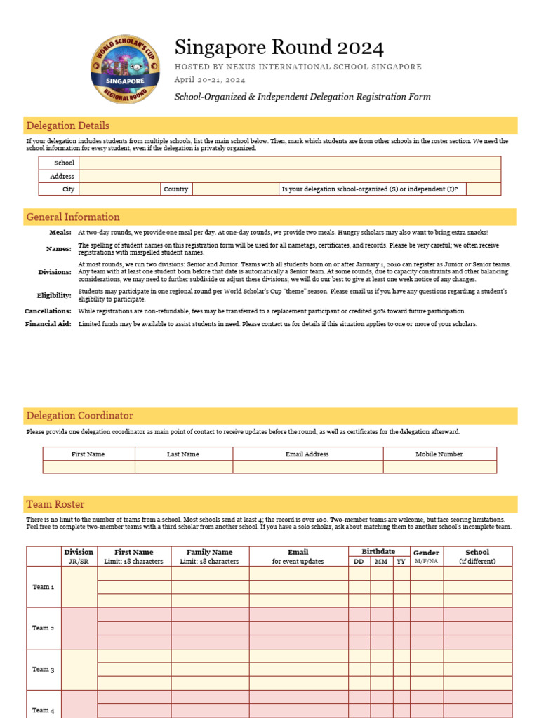 WSC Singapore Round Registration Form 2024 | PDF