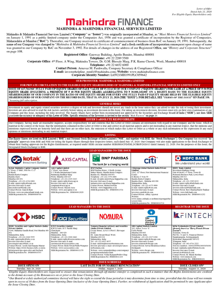 Mahindra and Mahindra Financial Services Limited Letter of Offer For ...