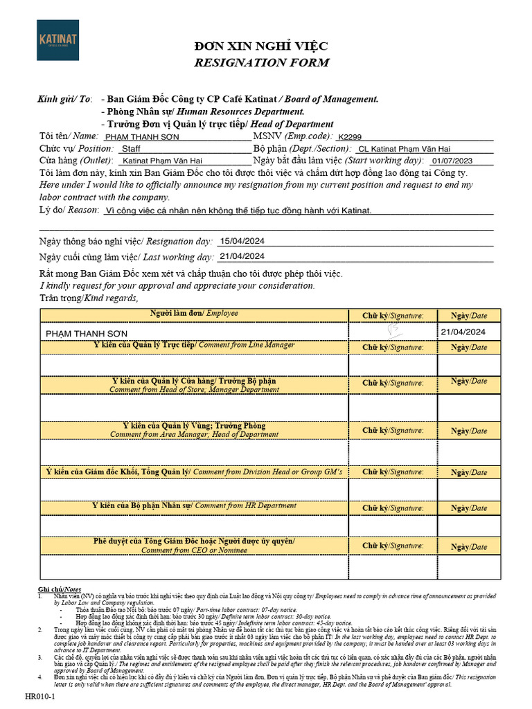 HR010 - Resignation Form (Update 10.2023) | PDF