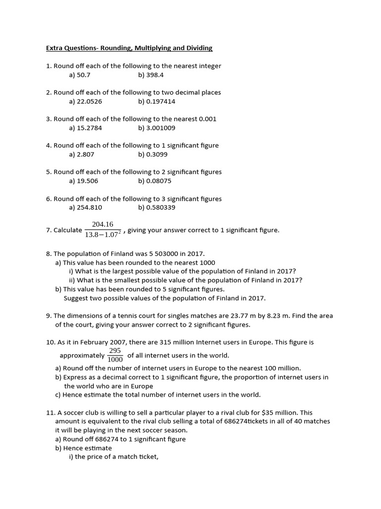 Extra Questions-Rounding, Multiplying and Dividing | PDF | Significant ...
