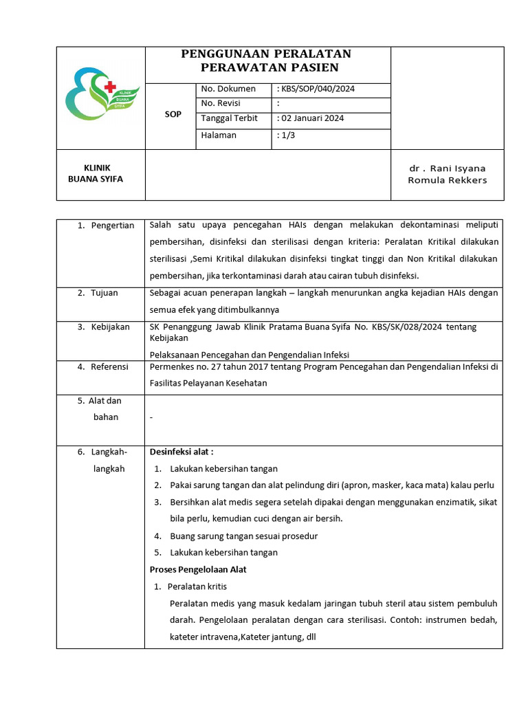 Sop Penggunaan Peralatan Perawatan Pasien | PDF