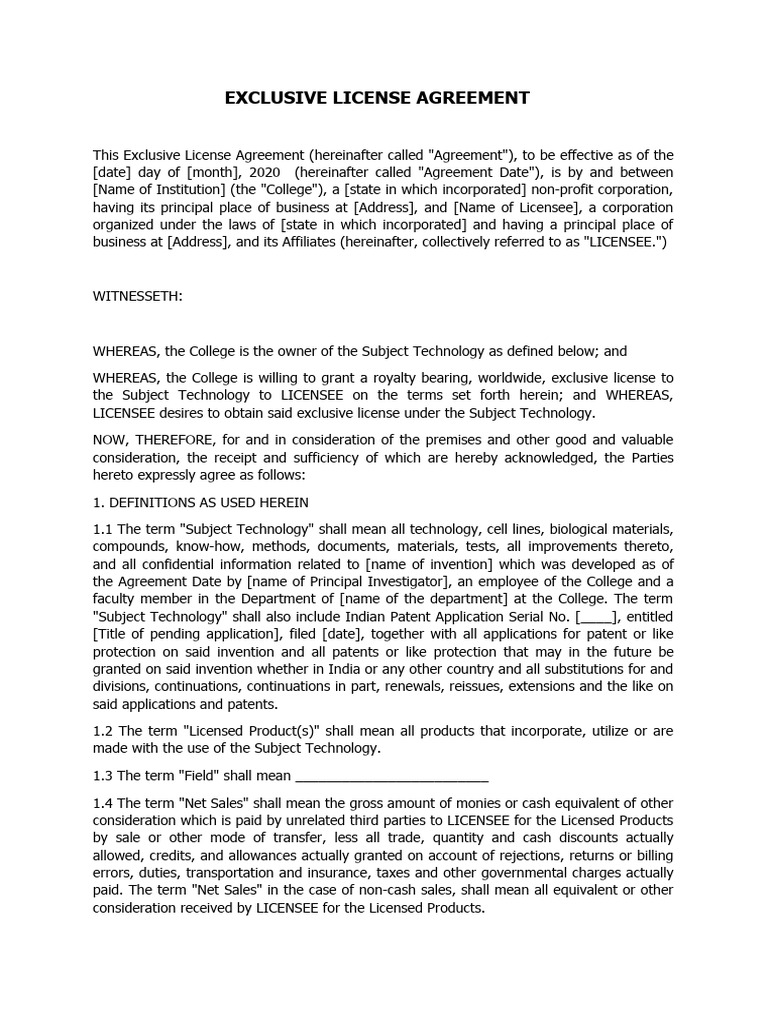 License Agreement Exclusive And Non Transferable Right PDF Patent