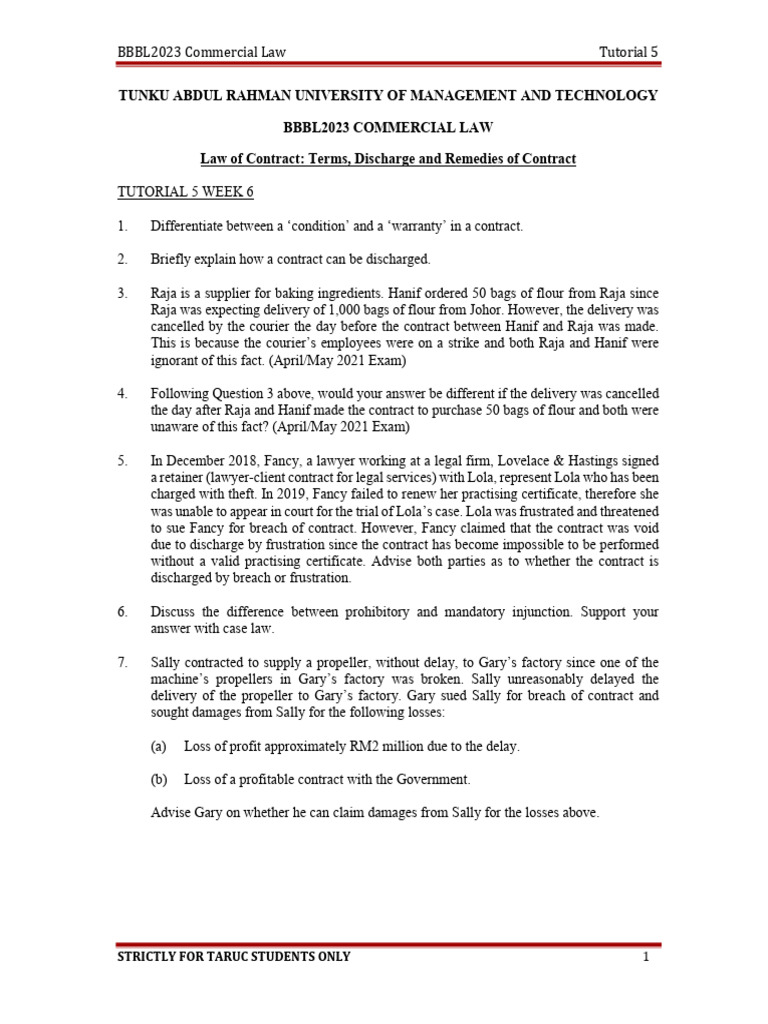 Tutorial 5 BBBL2023 | PDF | Breach Of Contract | Contract Law