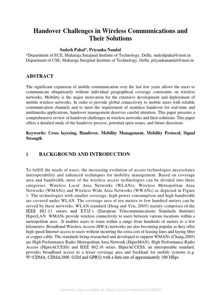 Handover Challenges in Wireless Communications and Their Solutions ...