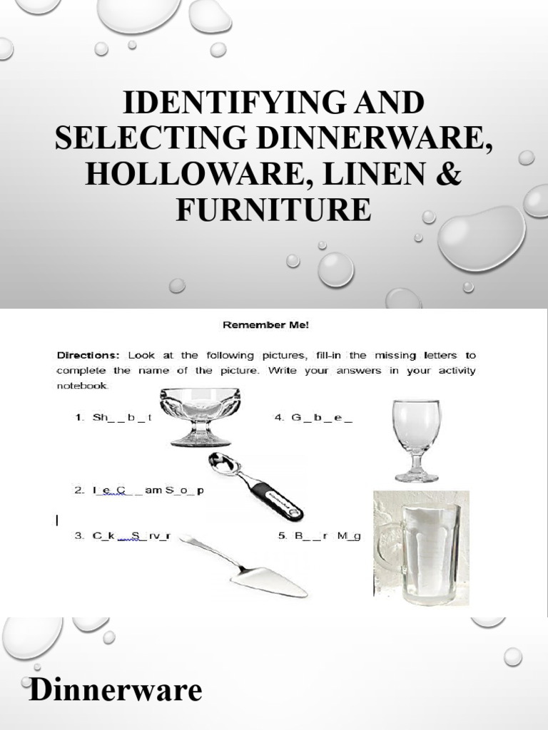 Identifying and Selecting Dinnerware, Holloware, Linen & Furniture (FBS M4) | PDF | Tableware ...