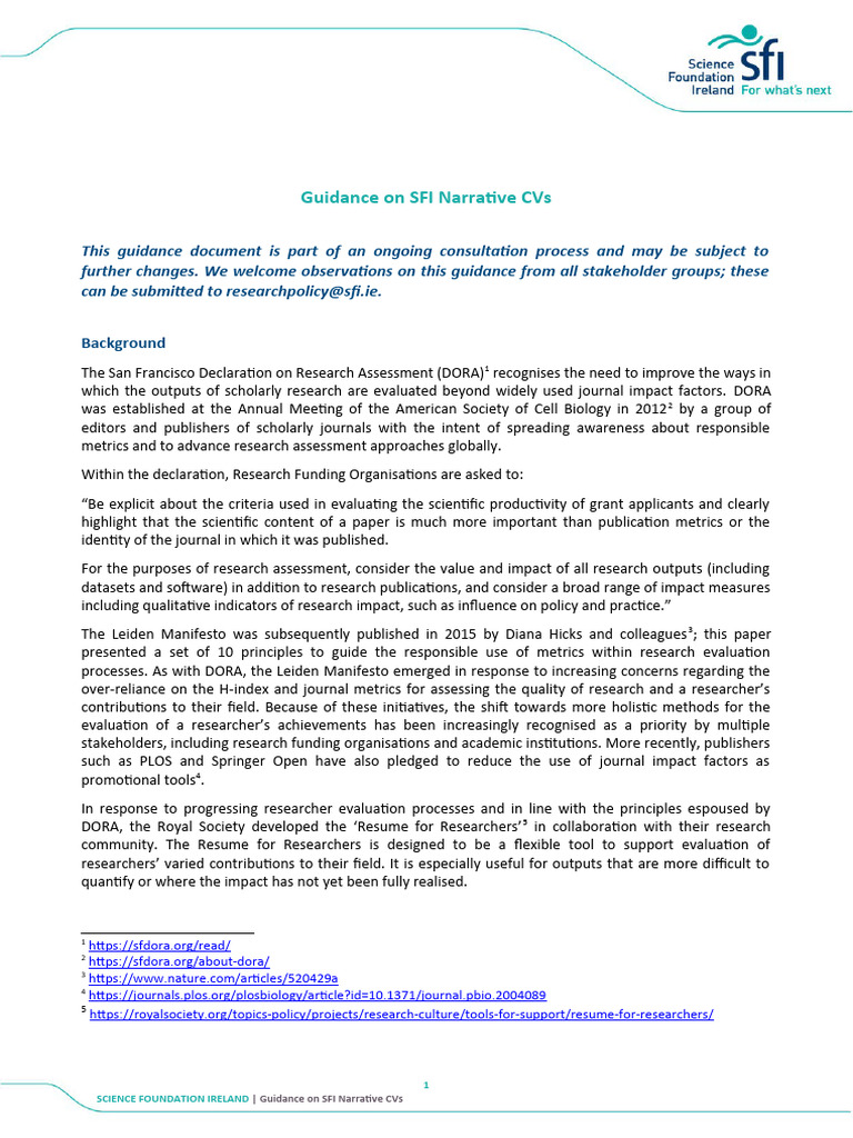 Guidance On SFI Narrative CVs - Updated Dec 2022 | PDF | Inquiry | Science