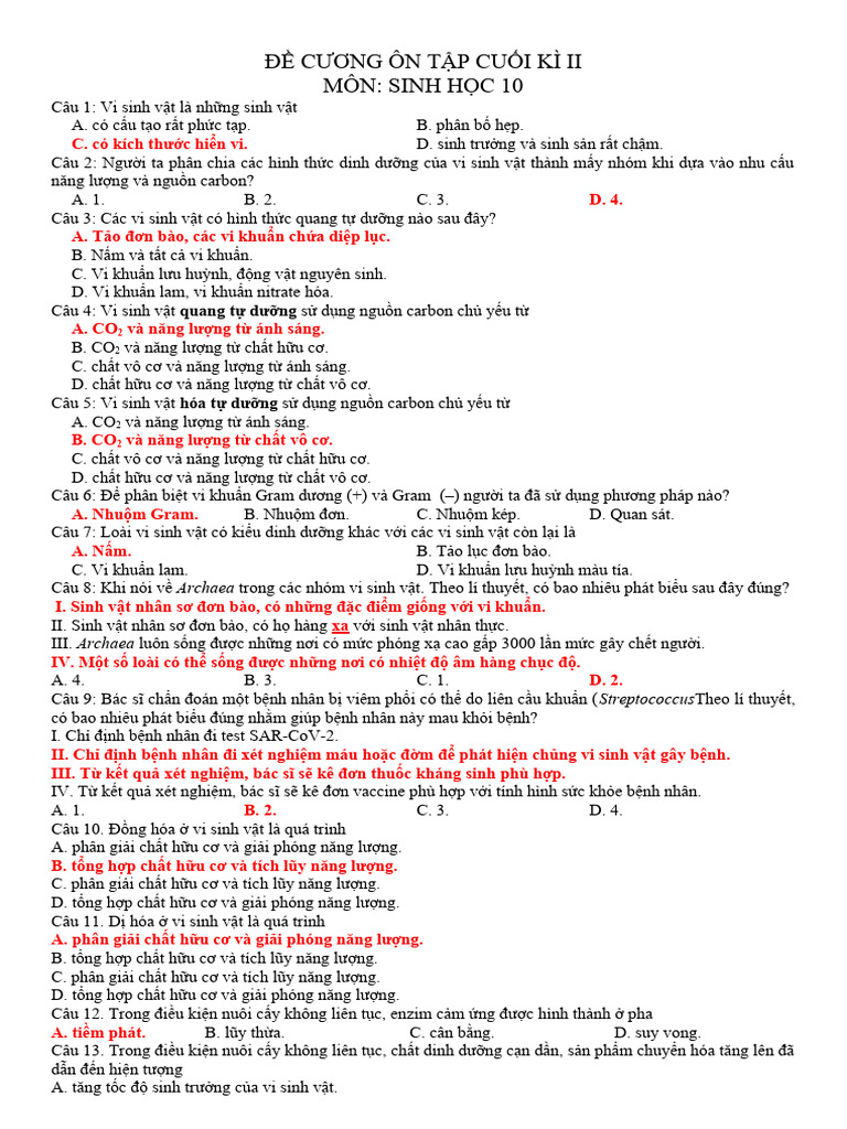 Đáp án đề cương sinh ck 2 | PDF