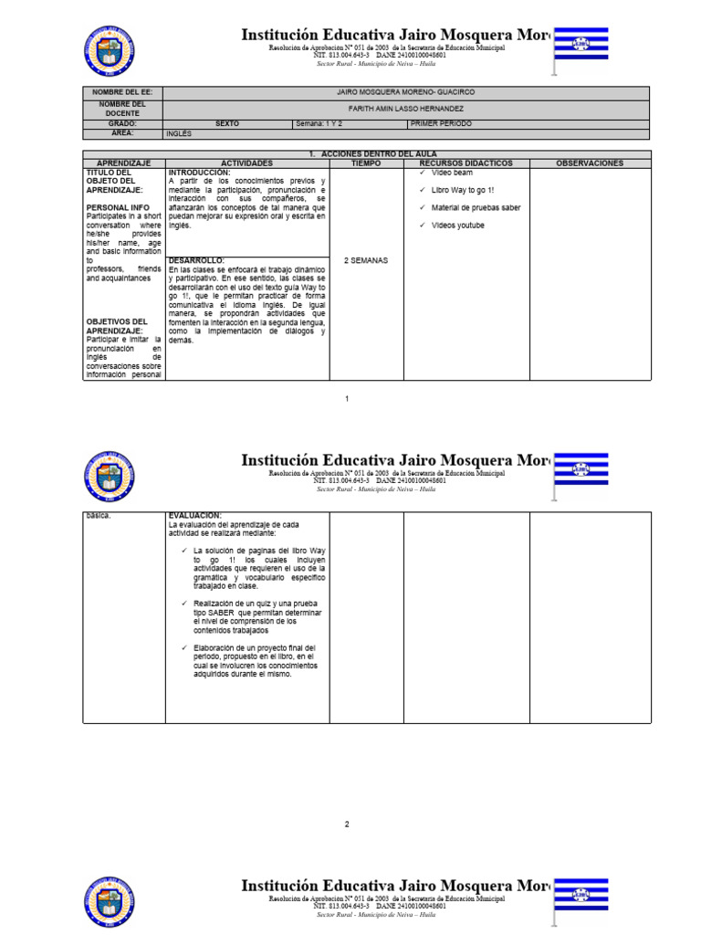 Plan de Clases de Inglés para Sexto Grado | PDF | Evaluación | Aprendizaje