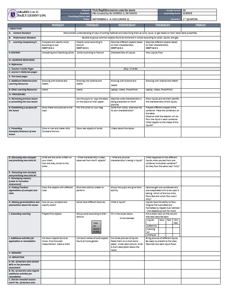 DLL_SCIENCE 3_Q1_W2 | PDF | Learning | Liquids