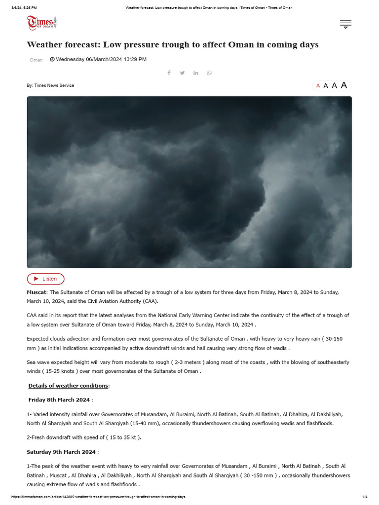 Weather Forecast - Low Pressure Trough To Affect Oman in Coming Days I ...