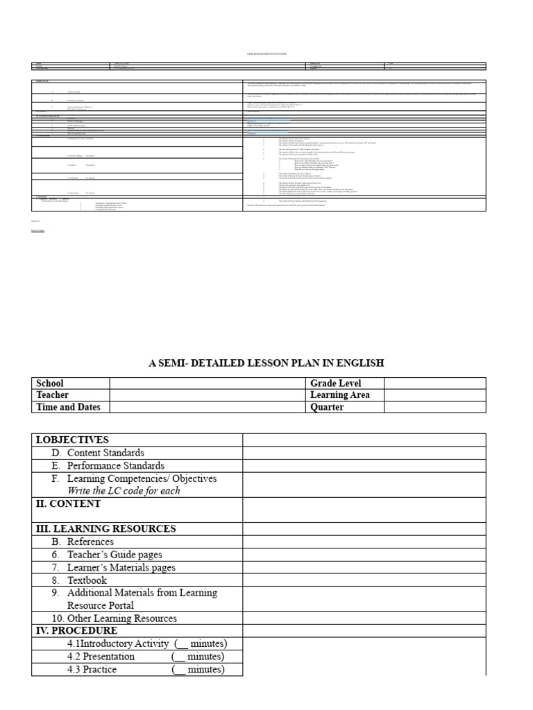SEMI-DETAILED-LESSON-PLAN-IN-ELT-7-TEMPLATE | PDF | Lesson Plan | Thought