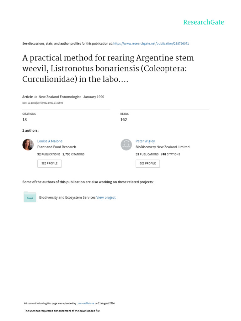 A Practical Method For Rearing Argentine Stem Weev | PDF | Beetle | Fungus