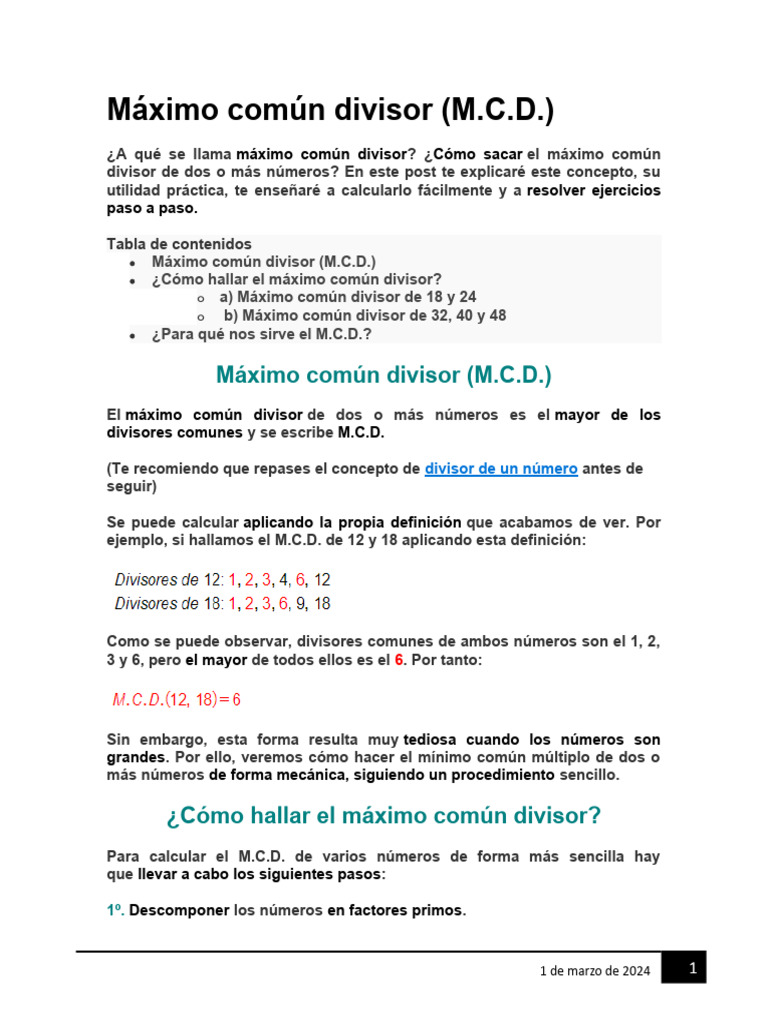 Máximo Común Divisor y Minimo Comun Multiplo (6 Ejemplos) | PDF ...
