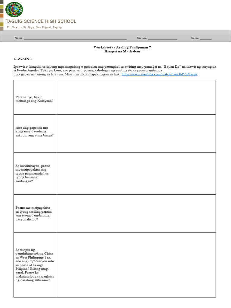 AP7 Worksheet Q4 | PDF