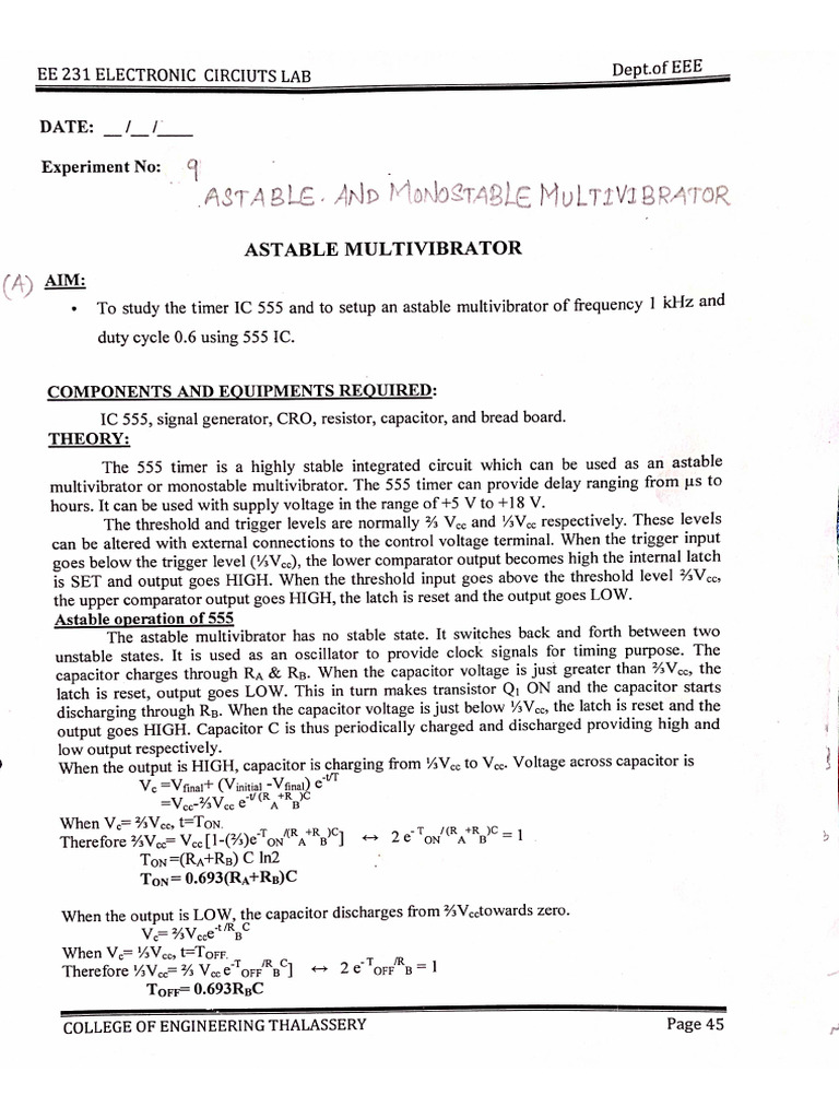 Exp 9 Astable and Monostable Multivibrator Using 555 IC | PDF