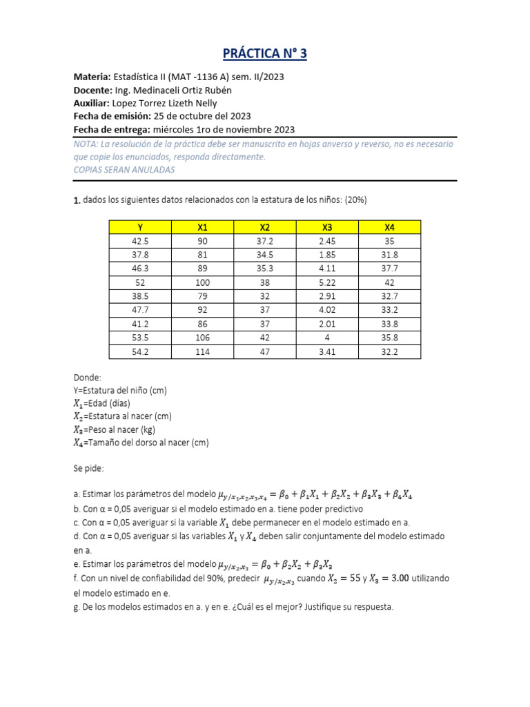 PRÁCTICA N° 3 TEMA 3 ANÁLISIS DE REGRESIÓN LINEAL MÚLTIPLE sem 2-2023 | PDF | Econometría ...