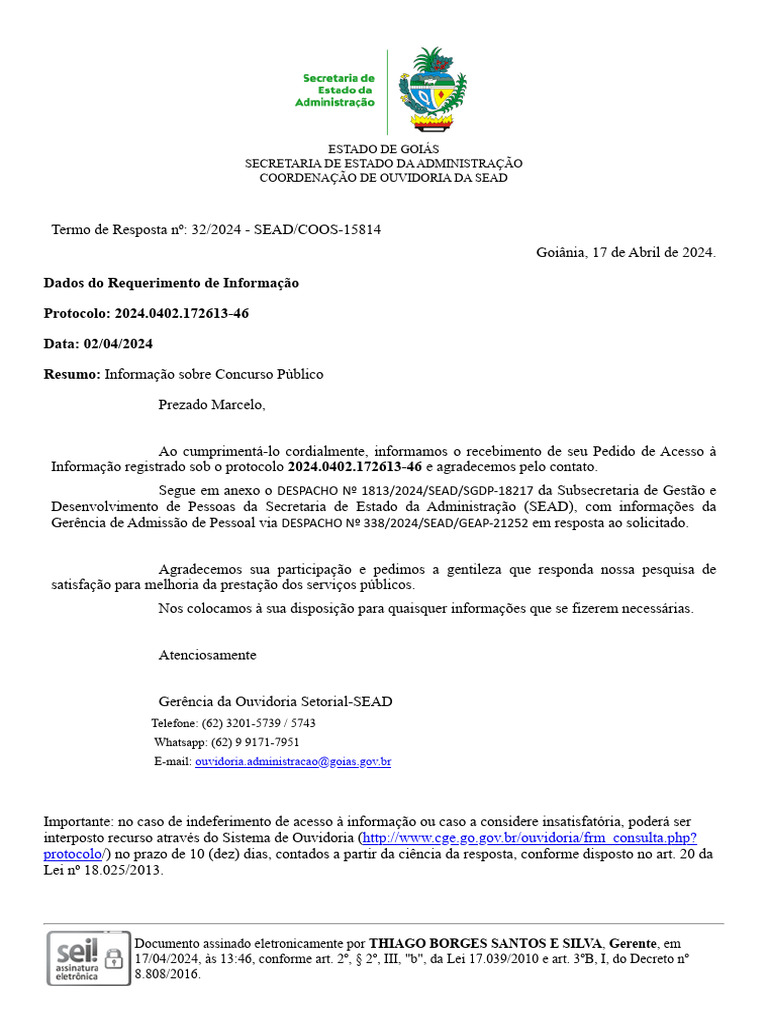 Ouvidoria SEAD Ordem de Classificação | PDF