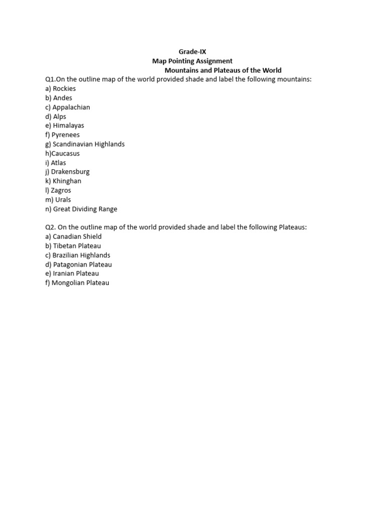 World Map Mountain & Plateau Assignment | PDF