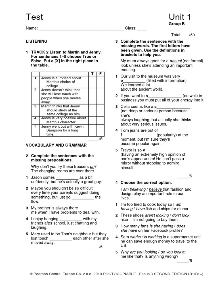 Focus 3 Unit 1 Test Group B | PDF