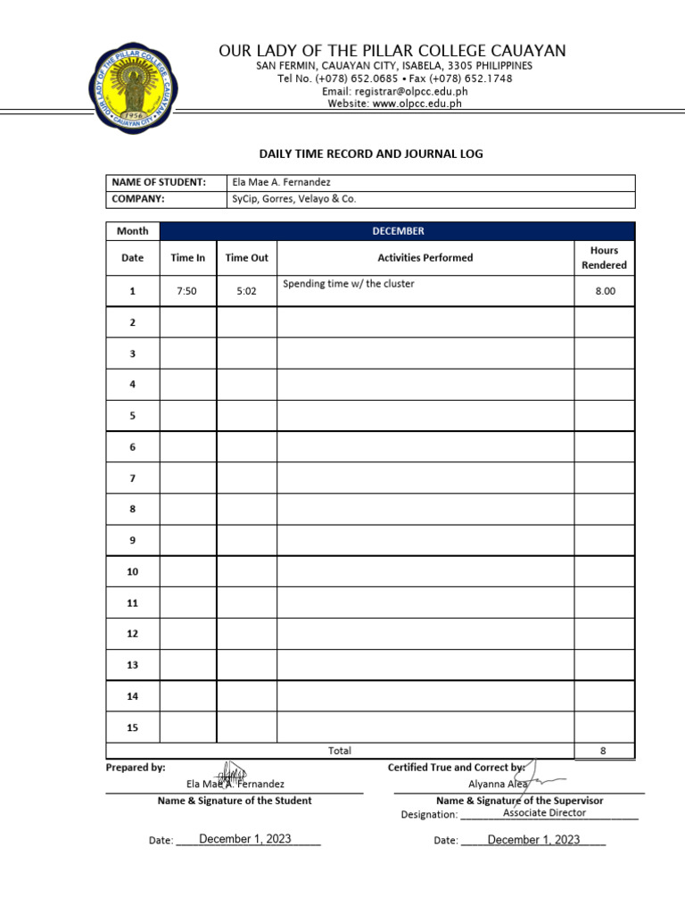DTR and Journal Log FTM of December - Fernandez, Ela Mae A | PDF
