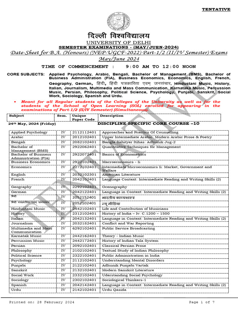 2nd sem date sheet | PDF | Economics | Science