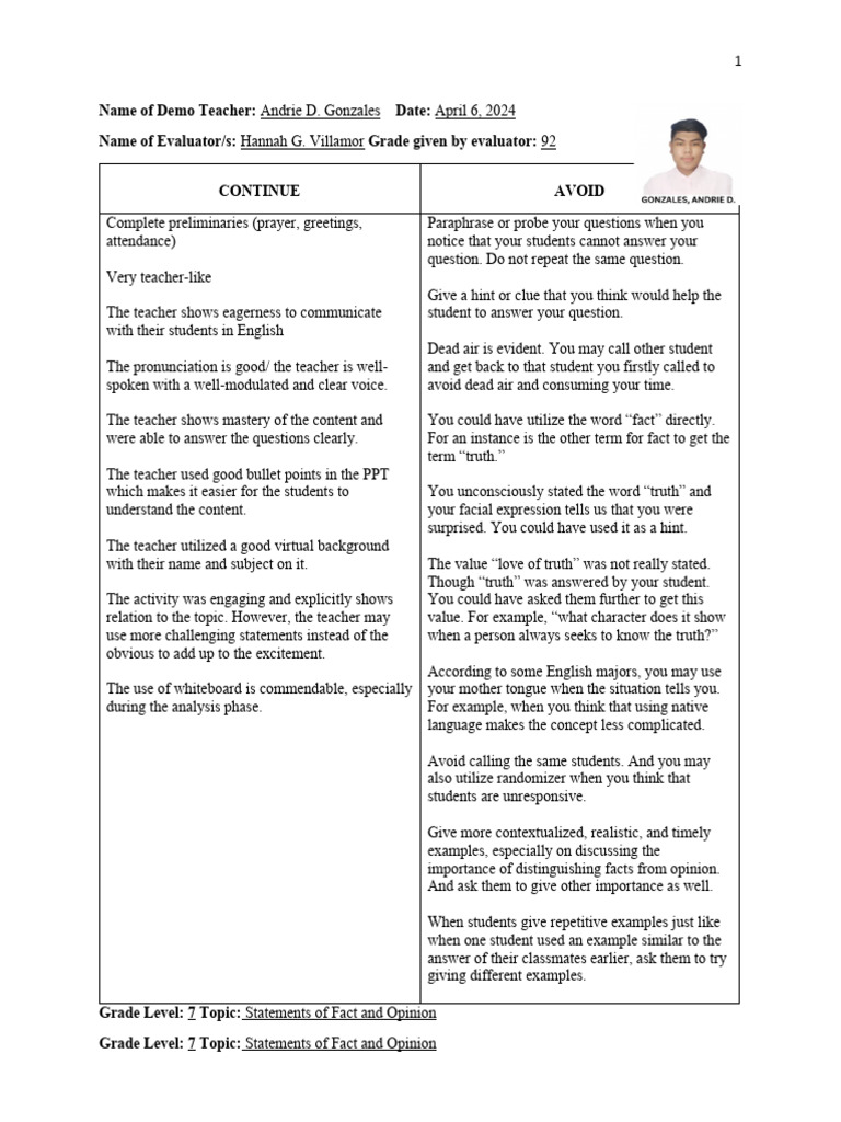 Gonzales Continue-Avoid Form 2 | PDF | Question | Truth