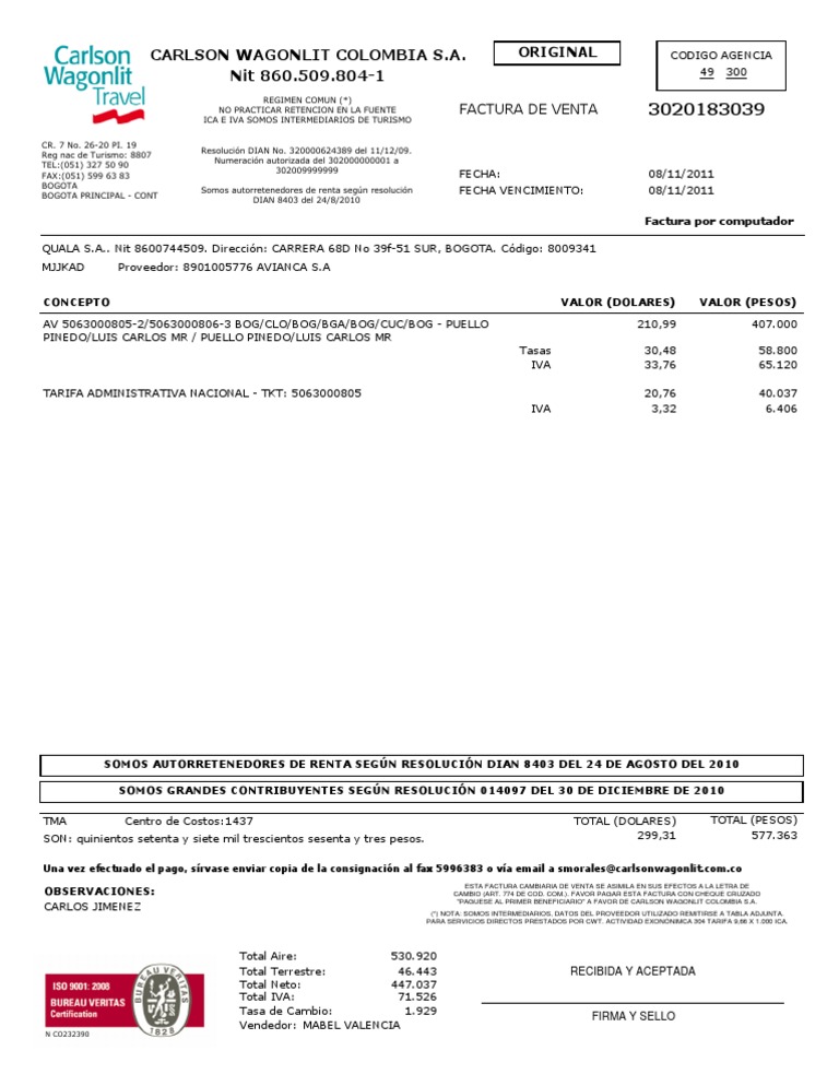 Factura CWT Colombia - Servicios Turísticos | PDF | Bancario | Pagos