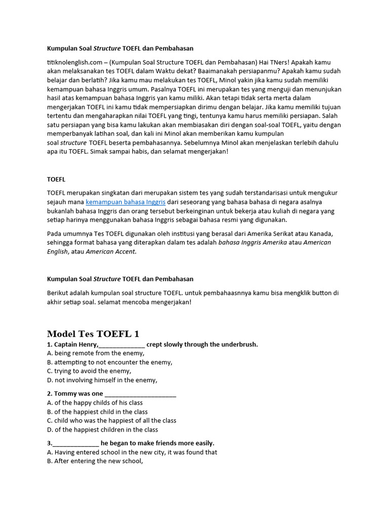 Kumpulan Soal Structure TOEFL dan Pembahasan | PDF