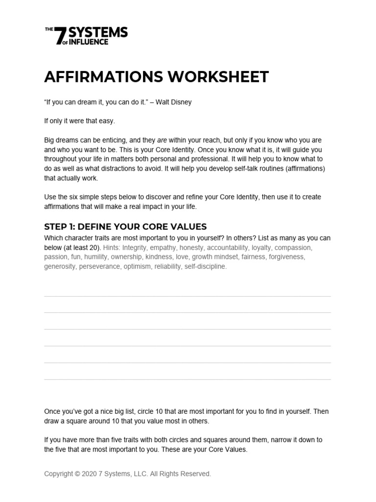 7 Systems Affirmations Worksheet | PDF | Psychology | Social Psychology