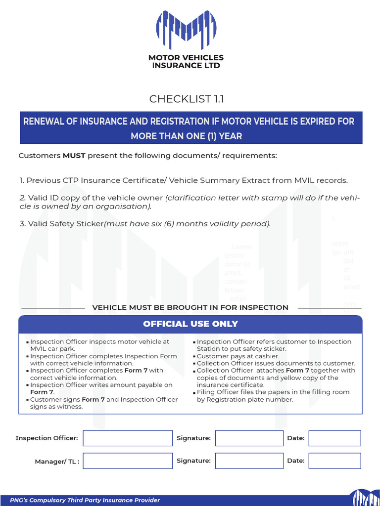Checklist 1.1 Renewal of Vehicle Registration If Expired (More Than A ...