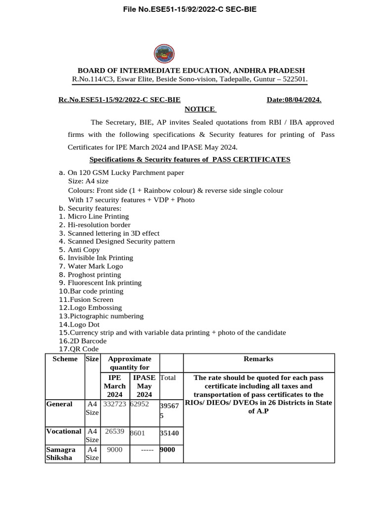 Pass Certificate Printing Quotation Notice | PDF | Barcode | Written ...