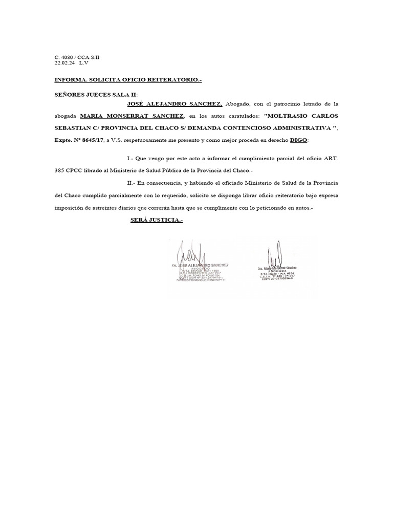Solicitan Oficio Reiteratorio Judicial | PDF
