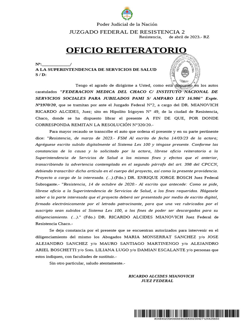 Oficio Reiteratorio Juz Federal N°2 A Superintendencia. | PDF | Gobierno