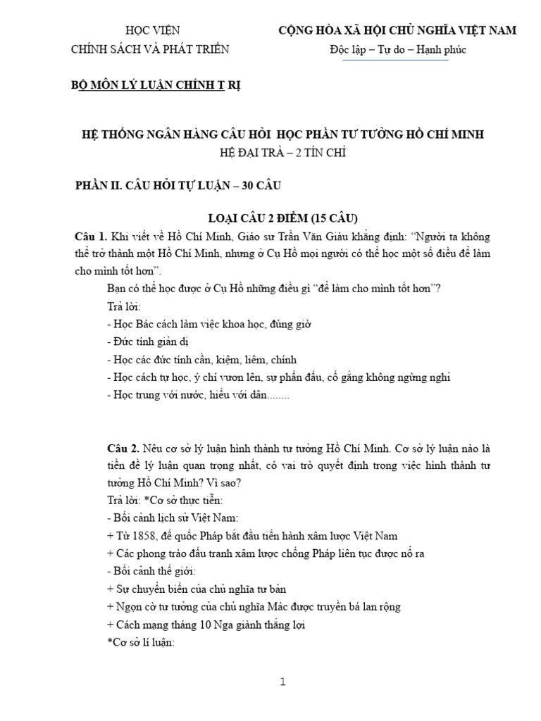 30 Câu TL TTHCM ĐT G I SV | PDF