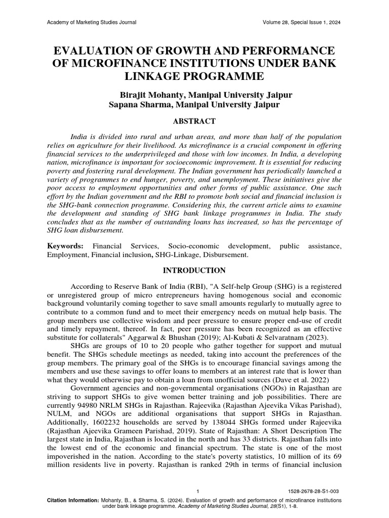 Evaluation of Growth and Performance of Microfinance Institutions Under Bank Linkage Program ...
