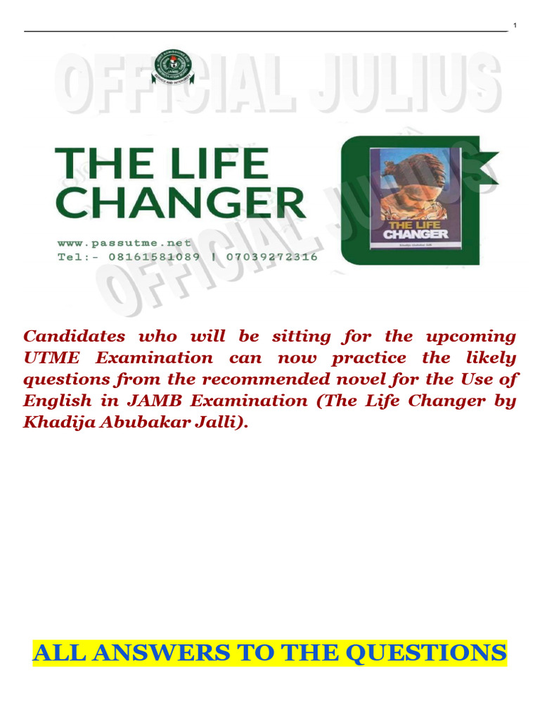 The Life Changer 195 JAMB Novel Questions & Answers | PDF